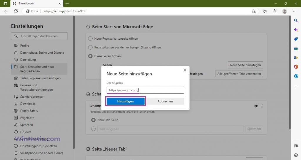 Startseite im Microsoft Edge Browser ändern - WinNotiz.com