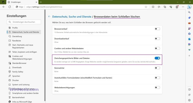 Cache und Cookies in Microsoft Edge löschen - WinNotiz.com