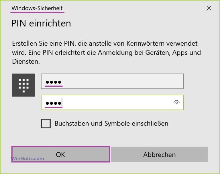 PIN in Windows 10 Benutzerkonto einrichten/ändern - WinNotiz.com