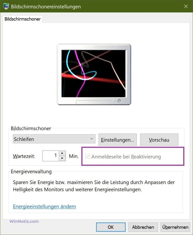 Bildschirmschoner einstellen: Windows 10 - WinNotiz.com