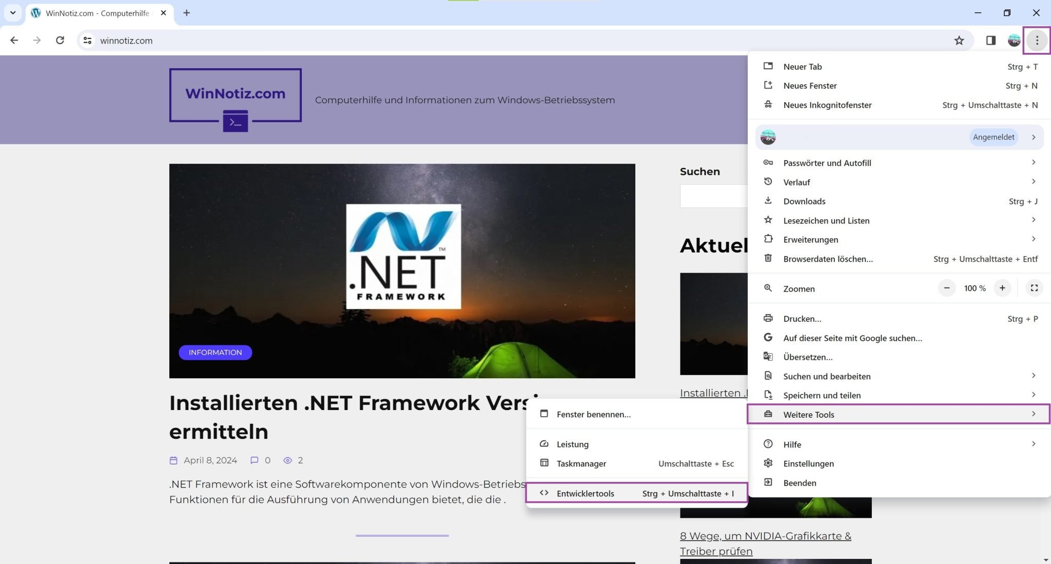 Screenshot einer ganzen Webseite machen: Google Chrome - WinNotiz.com