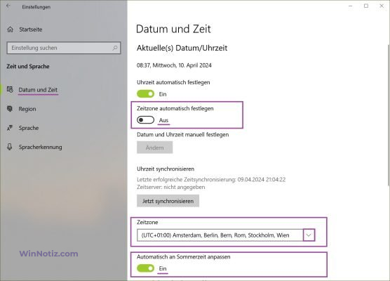 Zeitzone einstellen: Windows 10 - WinNotiz.com