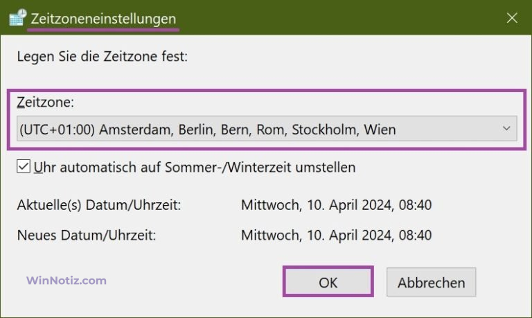 Zeitzone einstellen: Windows 10 - WinNotiz.com