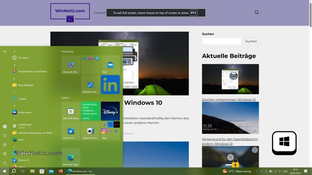 Taskleiste im Vollbildmodus anzeigen: Windows 10 - WinNotiz.com